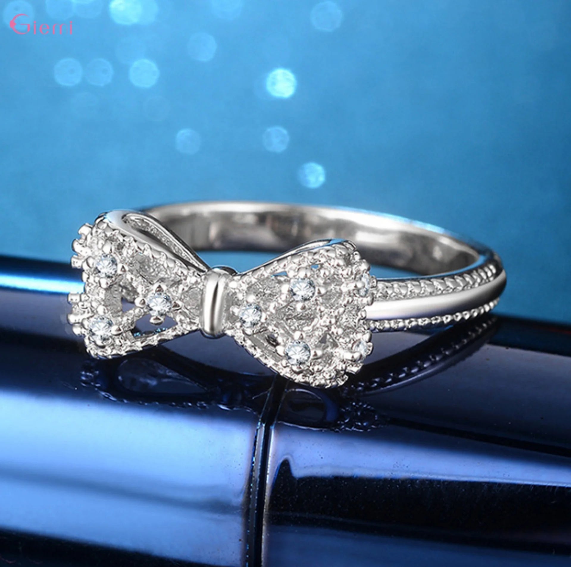 925 Sterling Silver Bowknot Bow Knot Cubic Zirconia Rhinestone Rings F ...